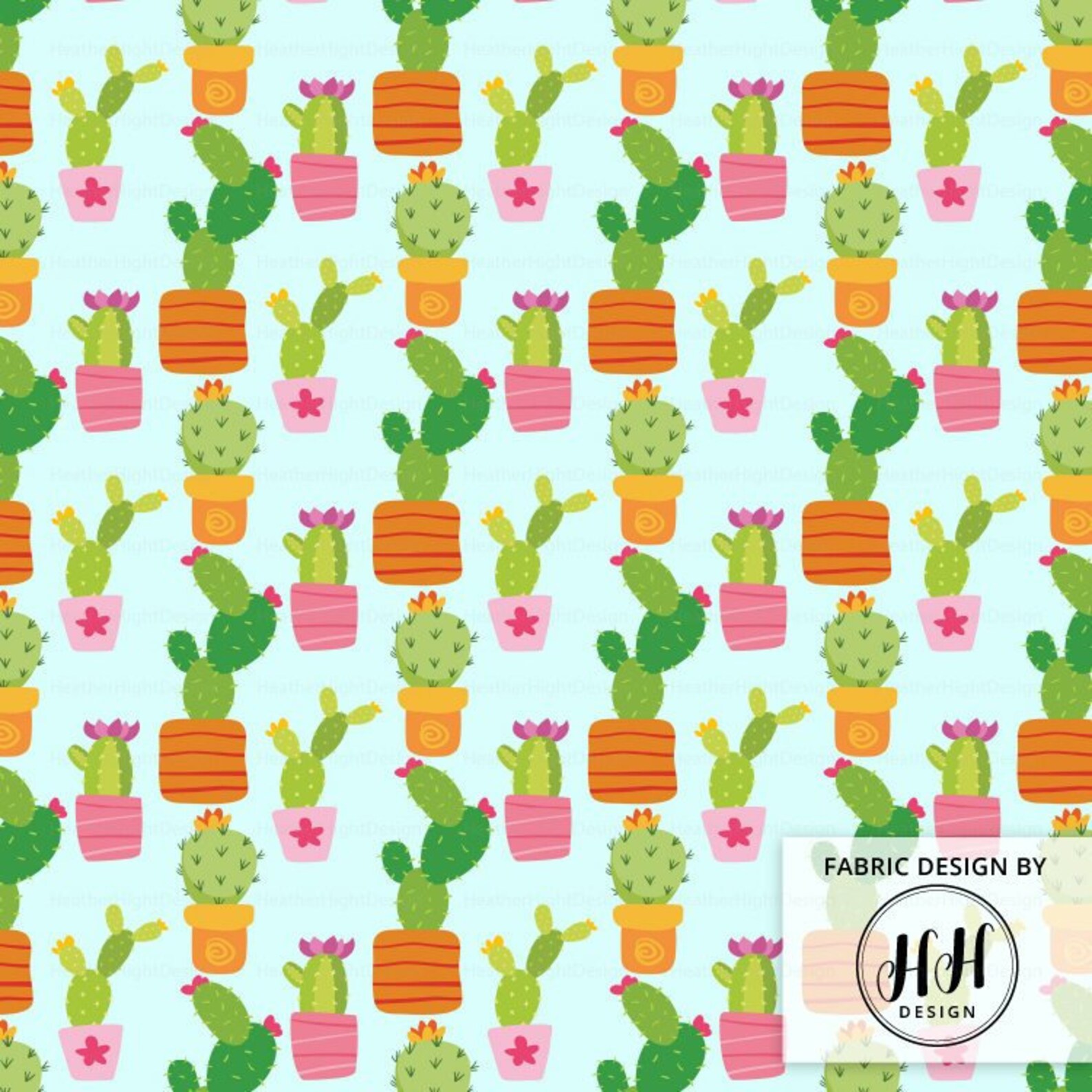 Cactus Fabric by the Yard - Colorful Potted Plant Cacti Whimsical Cute ...