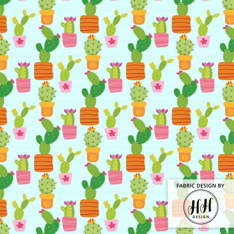 Cactus Fabric by the Yard - Colorful Potted Plant Cacti Whimsical Cute ...