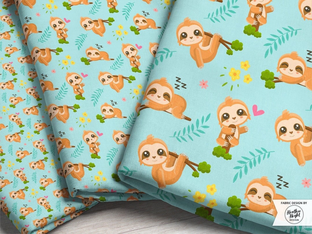Lovable Sloth Fabric by the Yard / Cute Floral Animal Fabric ...