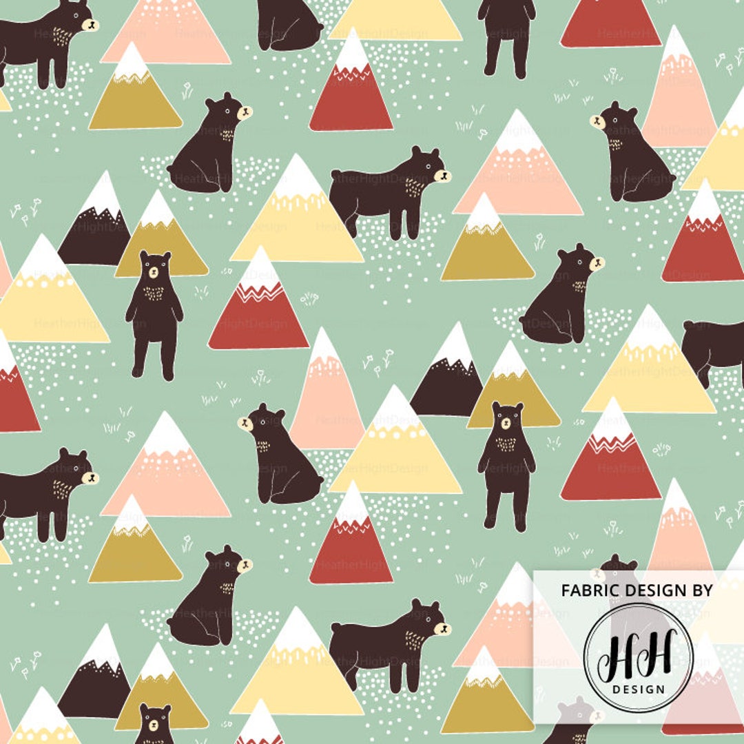Bears and Mountains Fabric by the Yard - Black Bears Tribal Mountains ...