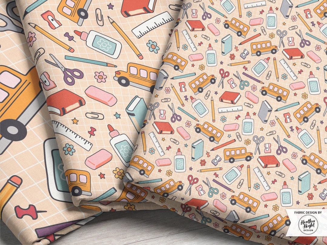 Cute School Things Fabric / Teacher Fabric / Bus, Pencil, Glue, Pen ...