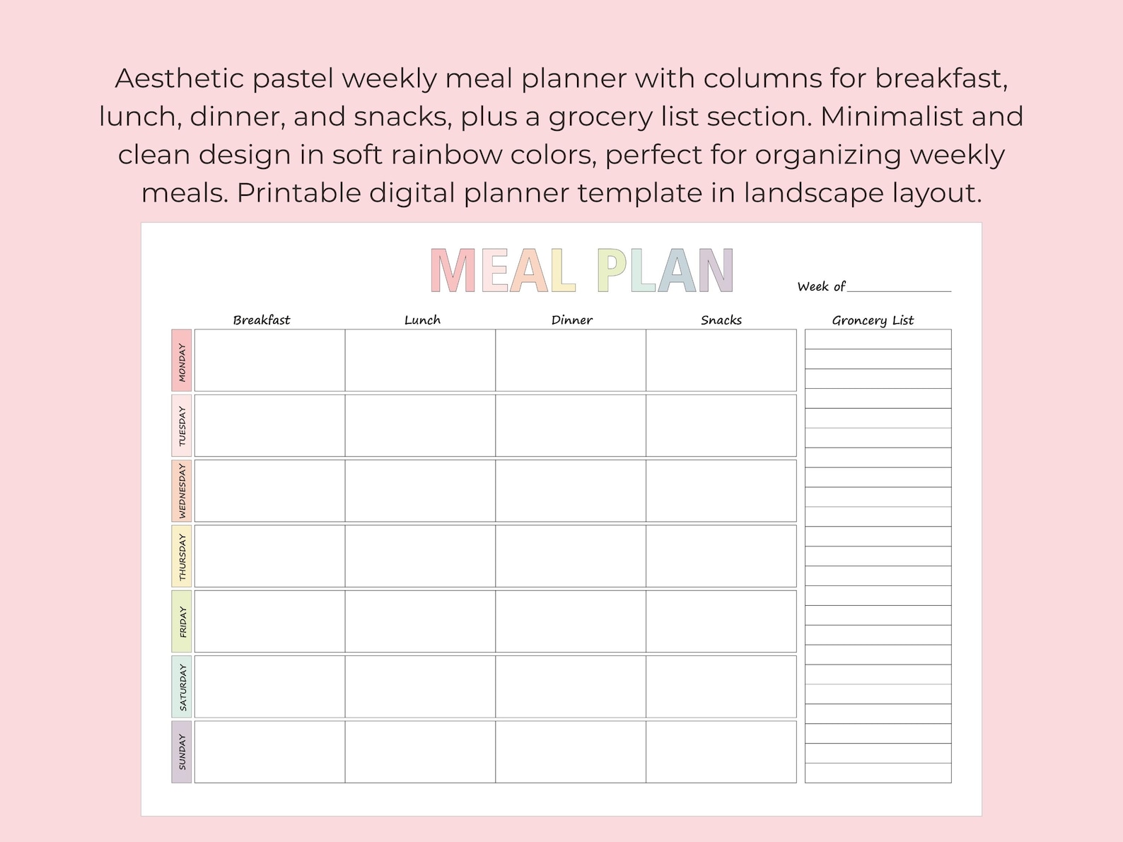 Pastel Weekly Meal Planner PDF | Printable Food Plan With Grocery List ...