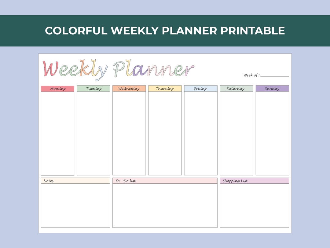 Colorful Weekly Planner Printable A4 Pastel Productivity Template (PDF ...
