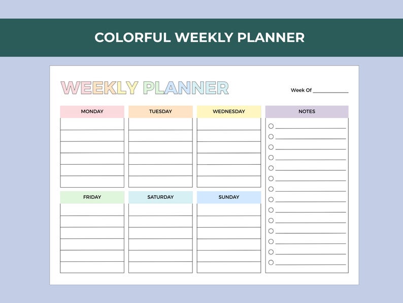Pastel Weekly Planner Printable: Undated Horizontal Layout (PDF ...
