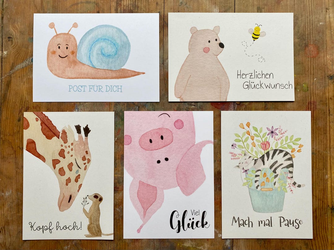 Animal Greetings Card Set | 5 Postcards With Watercolor Illustrations ...