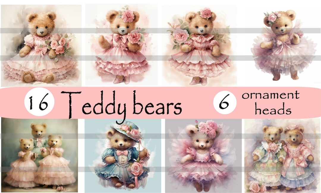 16 Teddy Bears With 6 Teddy Bear Heads for Ornaments Digital Download ...