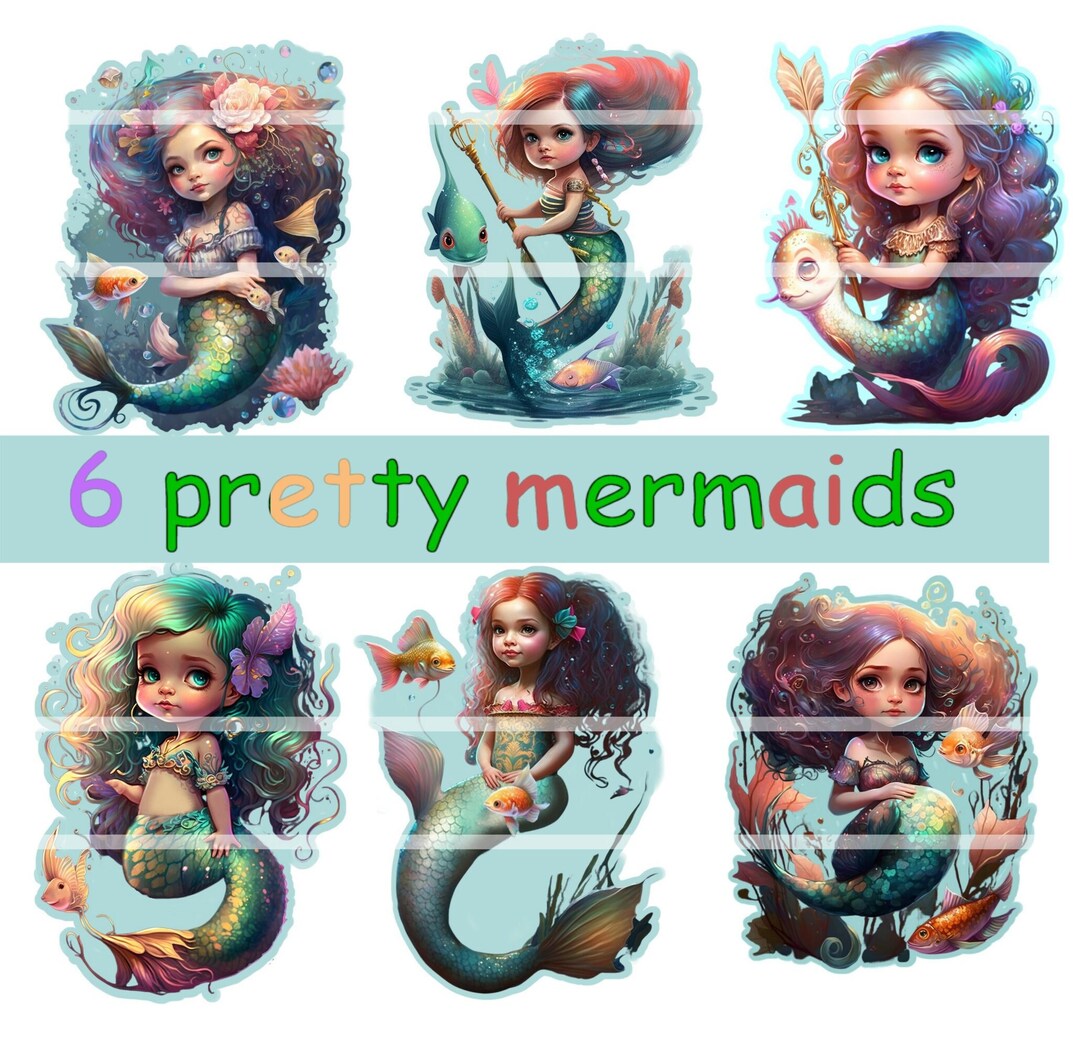 6 Pretty Mermaids and 2 Larger Scenes (14) Background Papers Included ...