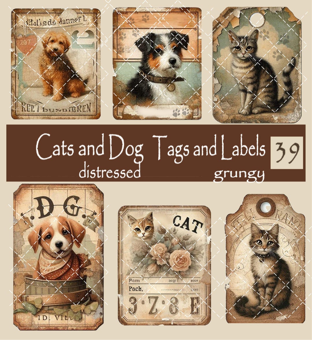 Vintage Dog and Cat Labels and Tags, Distressed, Grungy, Ephemera, Junk ...