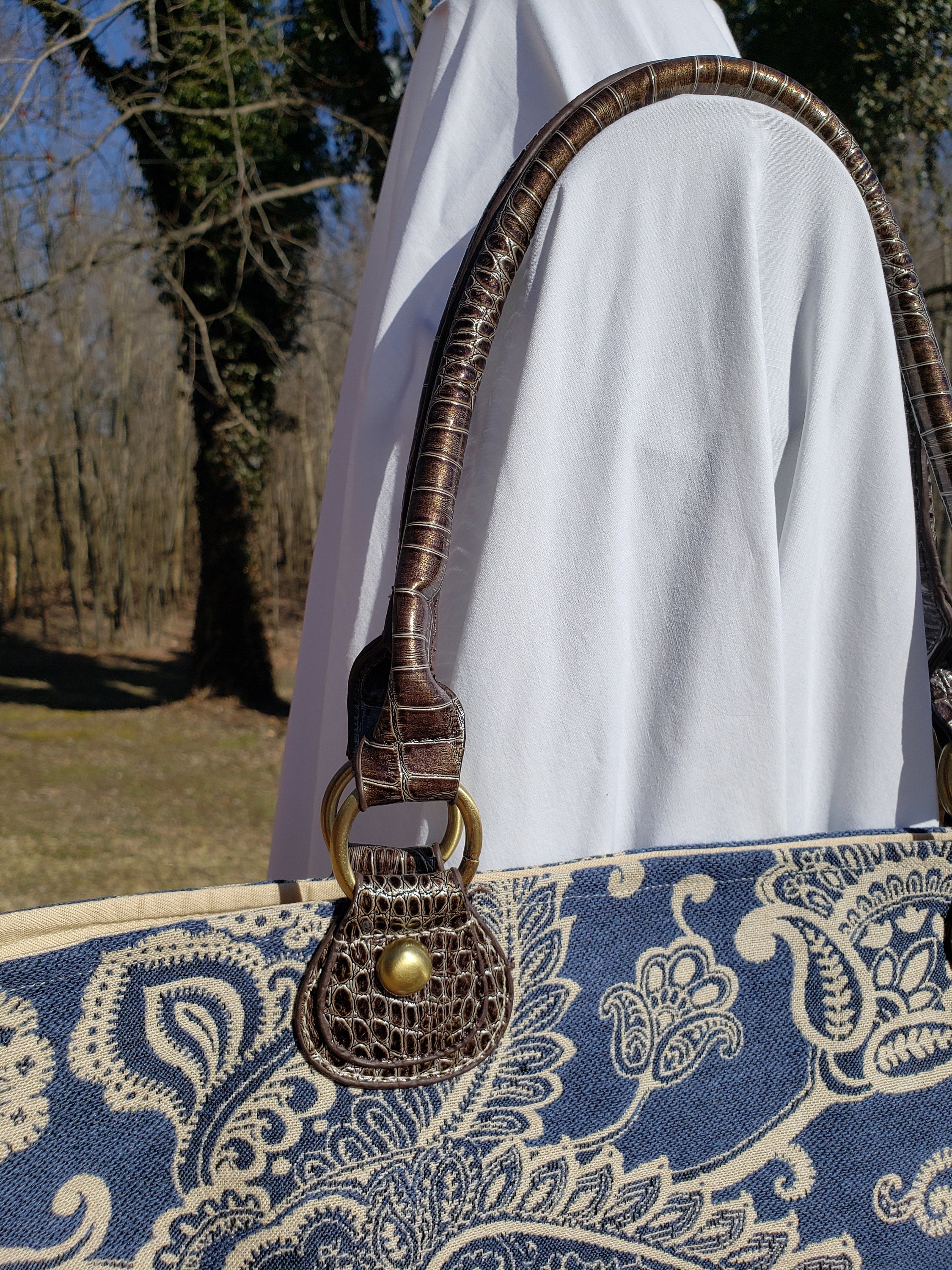 Blue and Ivory Handmade Bag Large Tote Handbag Paisley Jacobean ...