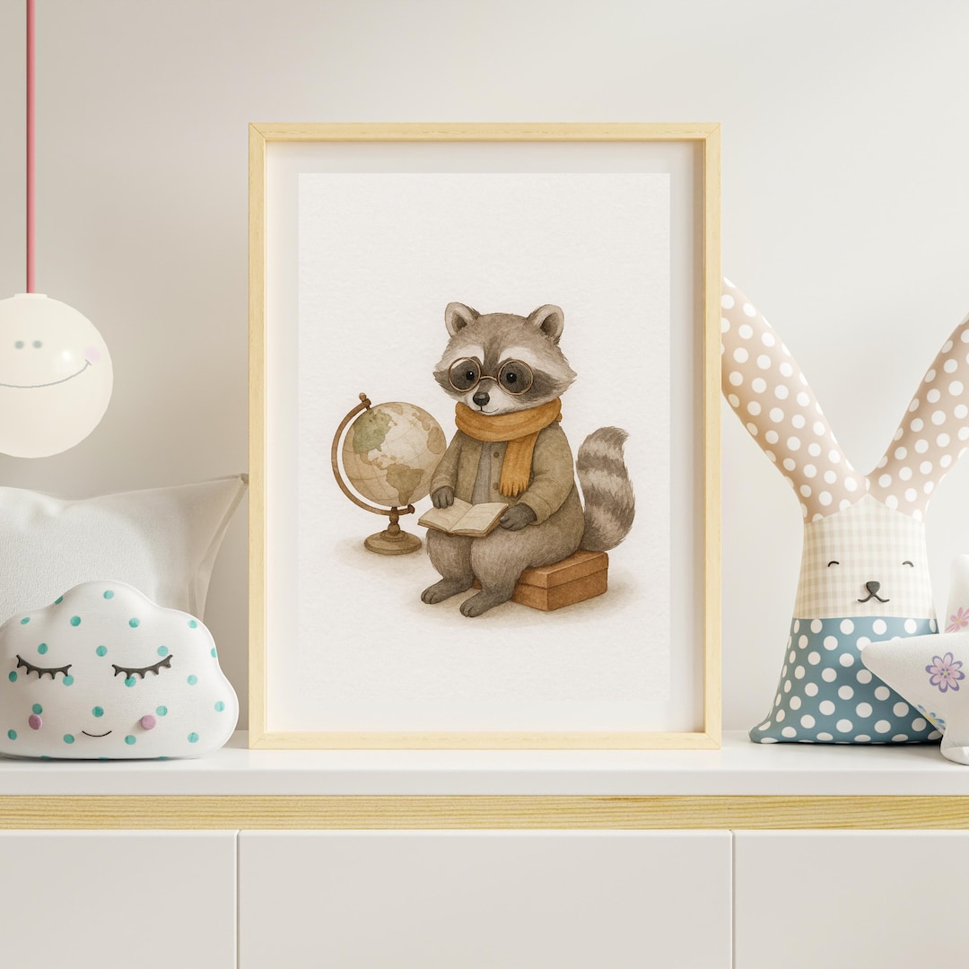 Raccoon Nursery Wall Art – Printable Woodland Animal With Globe ...