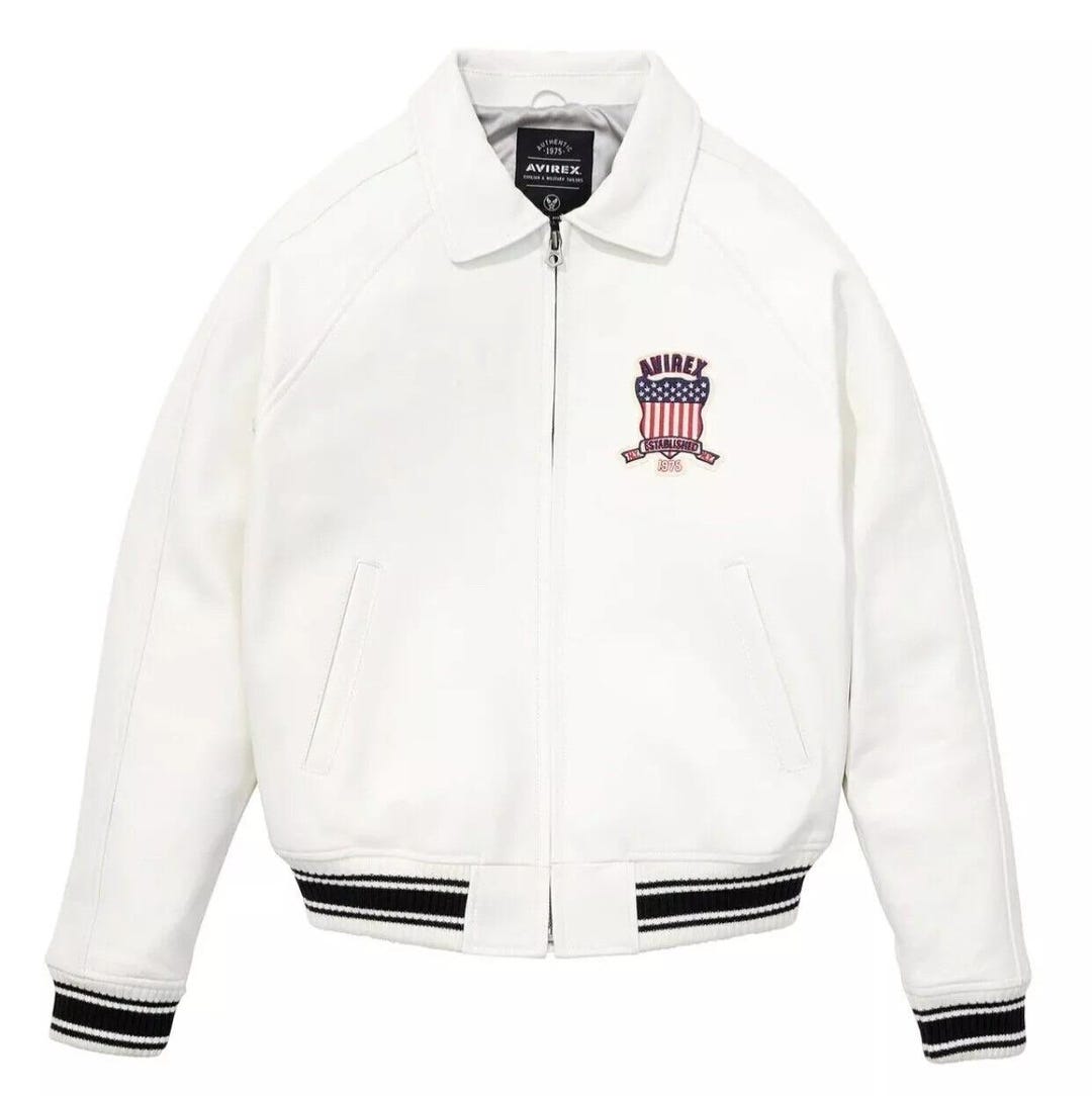 Men's Avirex Real Leather Jacket White Sheepskin Flight Bomber American ...