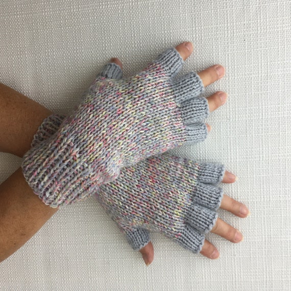 Hand Knit Color Block ART Half Finger GLOVES Merino WOOL Ice | Etsy