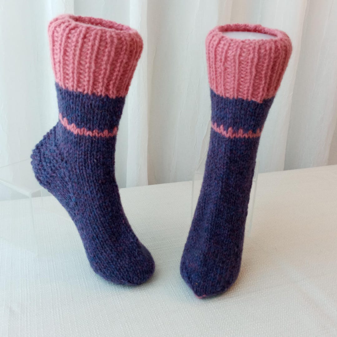 PURPLE ROSE Hand Knit Rustic Thick 100% Virgin WOOL Art Socks / Healthy ...