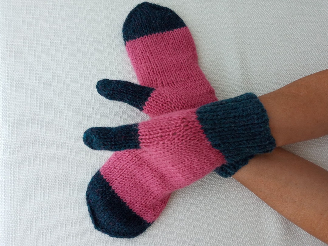 Hand Knit Alpaca Wool Mittens: Fuchsia & Marine Blue Color Block - Etsy
