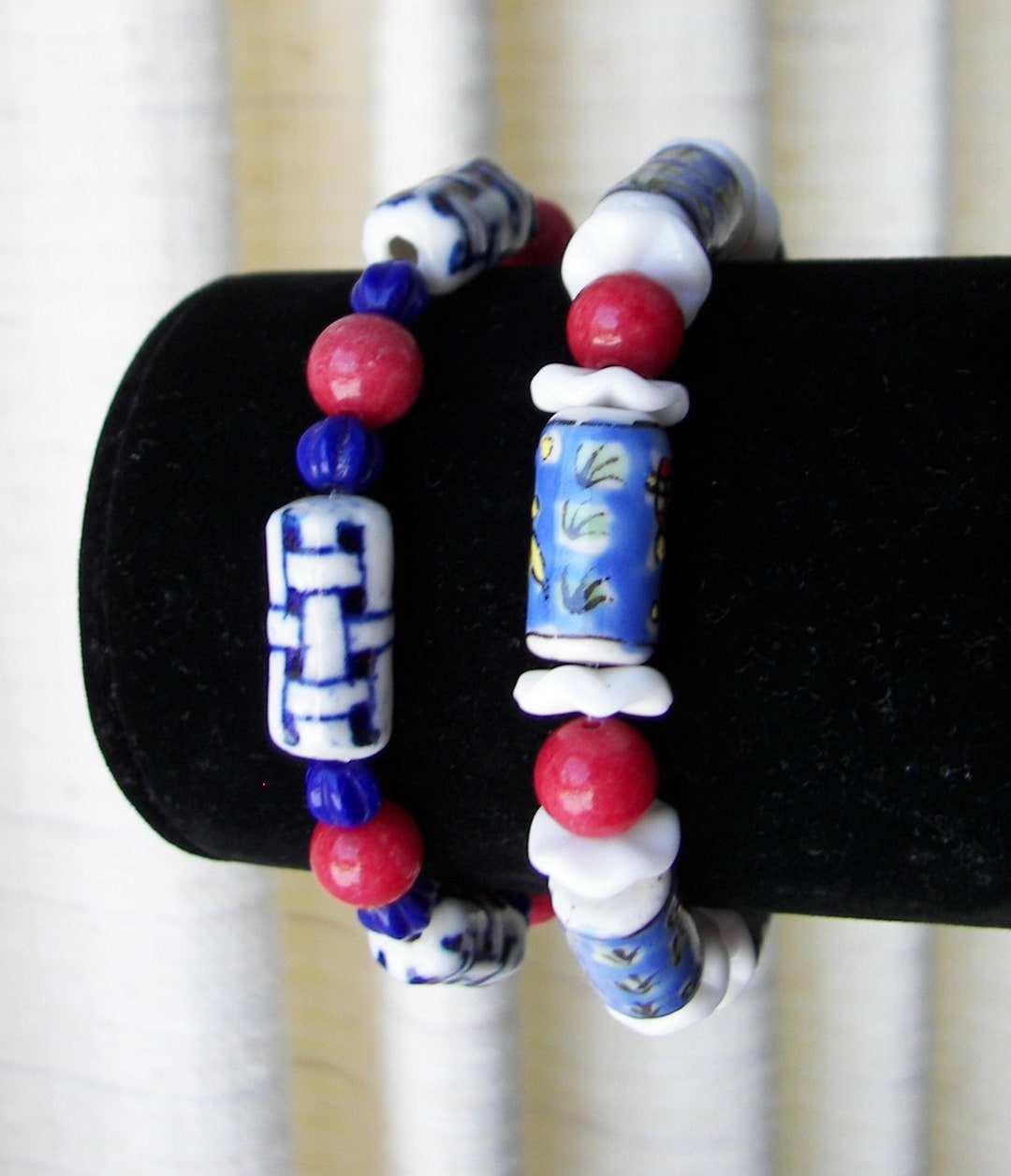 Hand-painted Porcelain Beaded Bracelets: Red Jade & Blue Glass Set - Etsy
