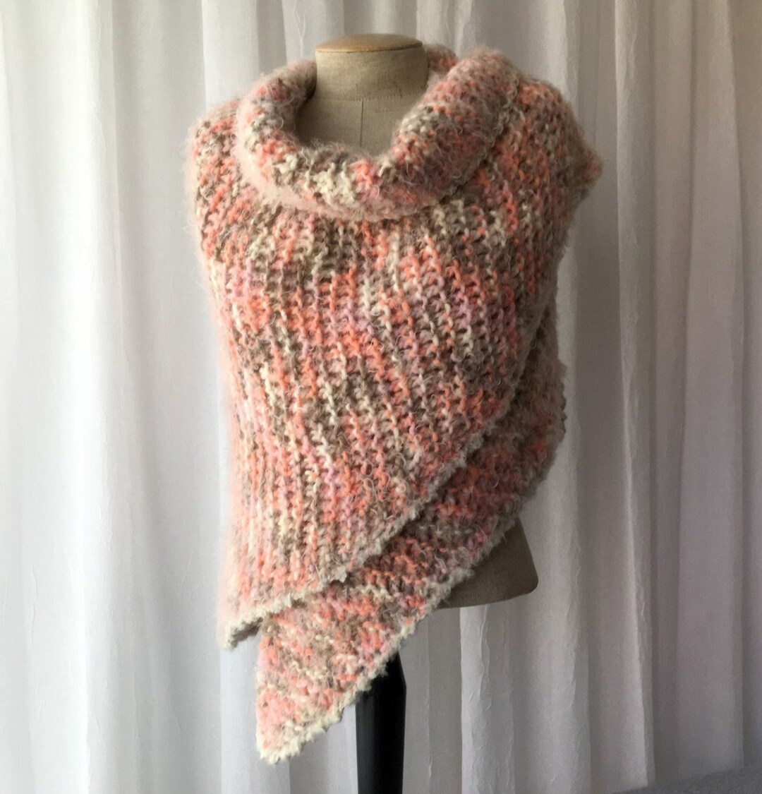 Hand Knit Soft & Cozy Huggle Shawl Wrap in Pink Taupe White Stripe ...