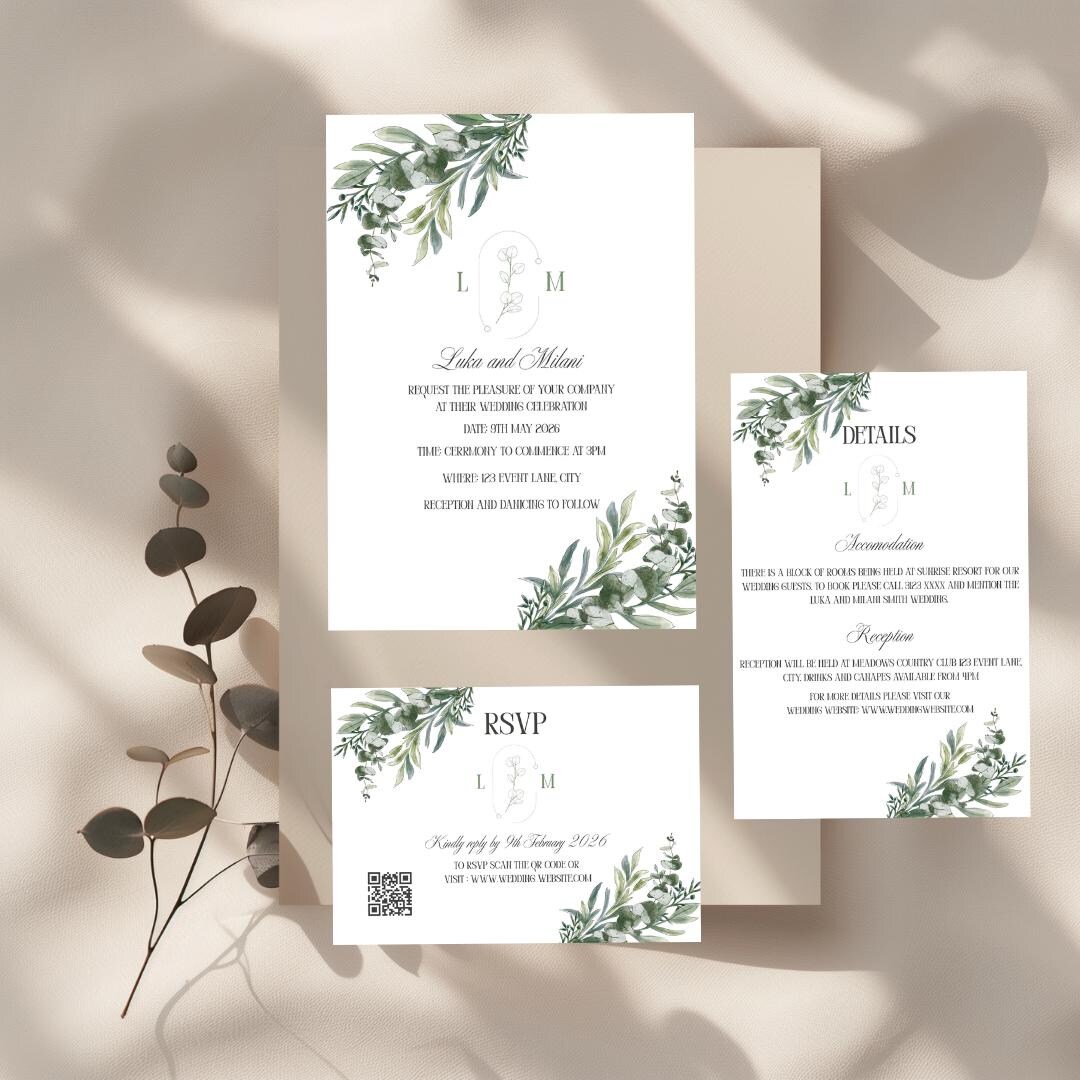 Elegant Wedding Invitation Suite Templates, Editable Eucalyptus ...