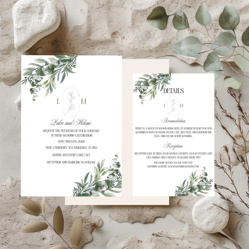 Elegant Wedding Invitation Suite Templates, Editable Eucalyptus ...