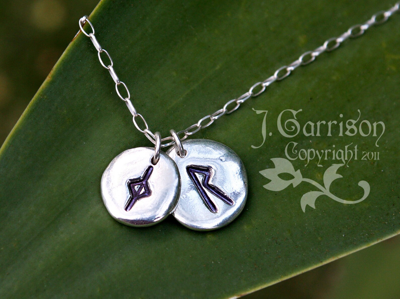Double Runes Necklace Fine Silver Rune Stone Charms on Sterling Silver ...