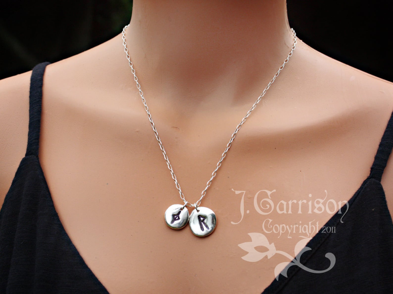 Double Runes Necklace Fine Silver Rune Stone Charms on Sterling Silver ...