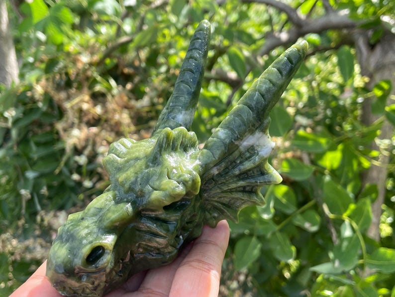 Hand Carved Green Jade Dragon Skull: Crystal Home Decor (5.3'') - Etsy
