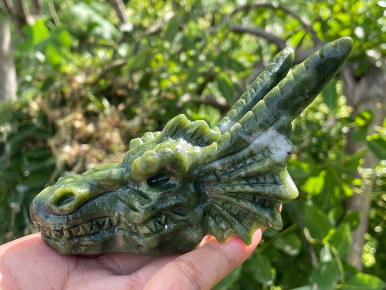 Hand Carved Green Jade Dragon Skull: Crystal Home Decor (5.3'') - Etsy