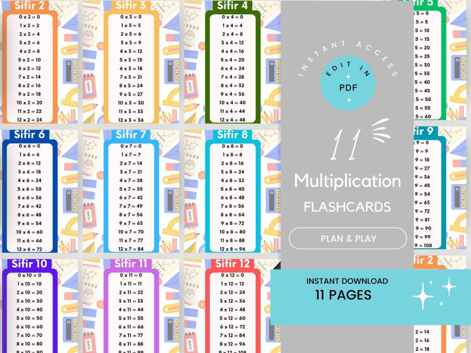 Multiplication Table Flashcards for Kids - Sifir Card Printable, Times ...
