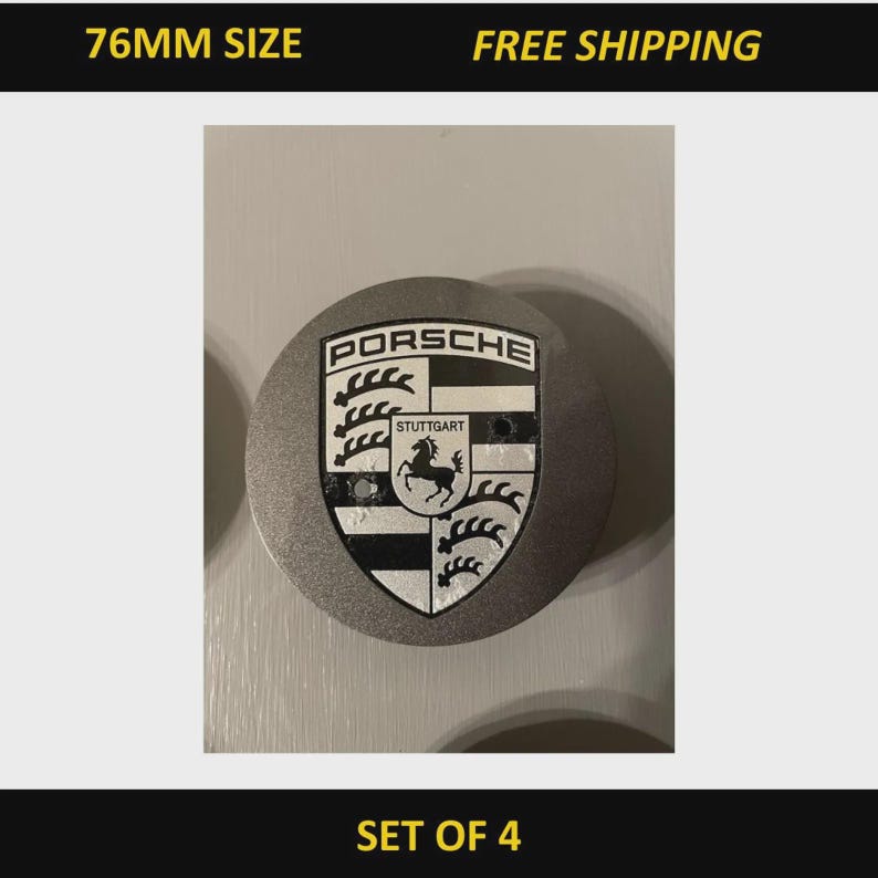 4 Porsche Gray Center Caps Concave 76mm Royal Crest 992 Cayenne ,911 ...