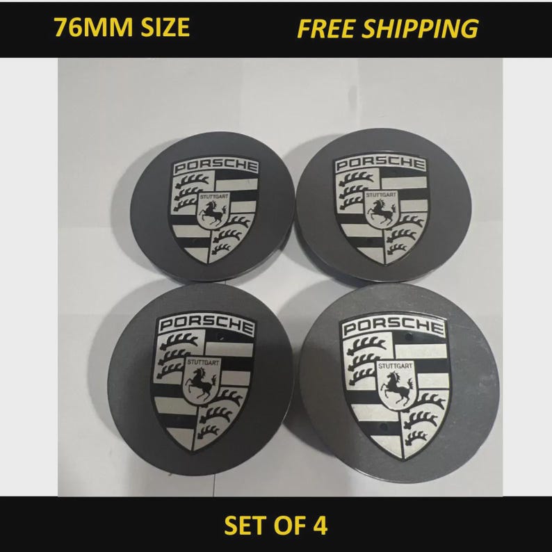 4 Porsche Gray Center Caps Concave 76mm Royal Crest 992 Cayenne ,911 ...