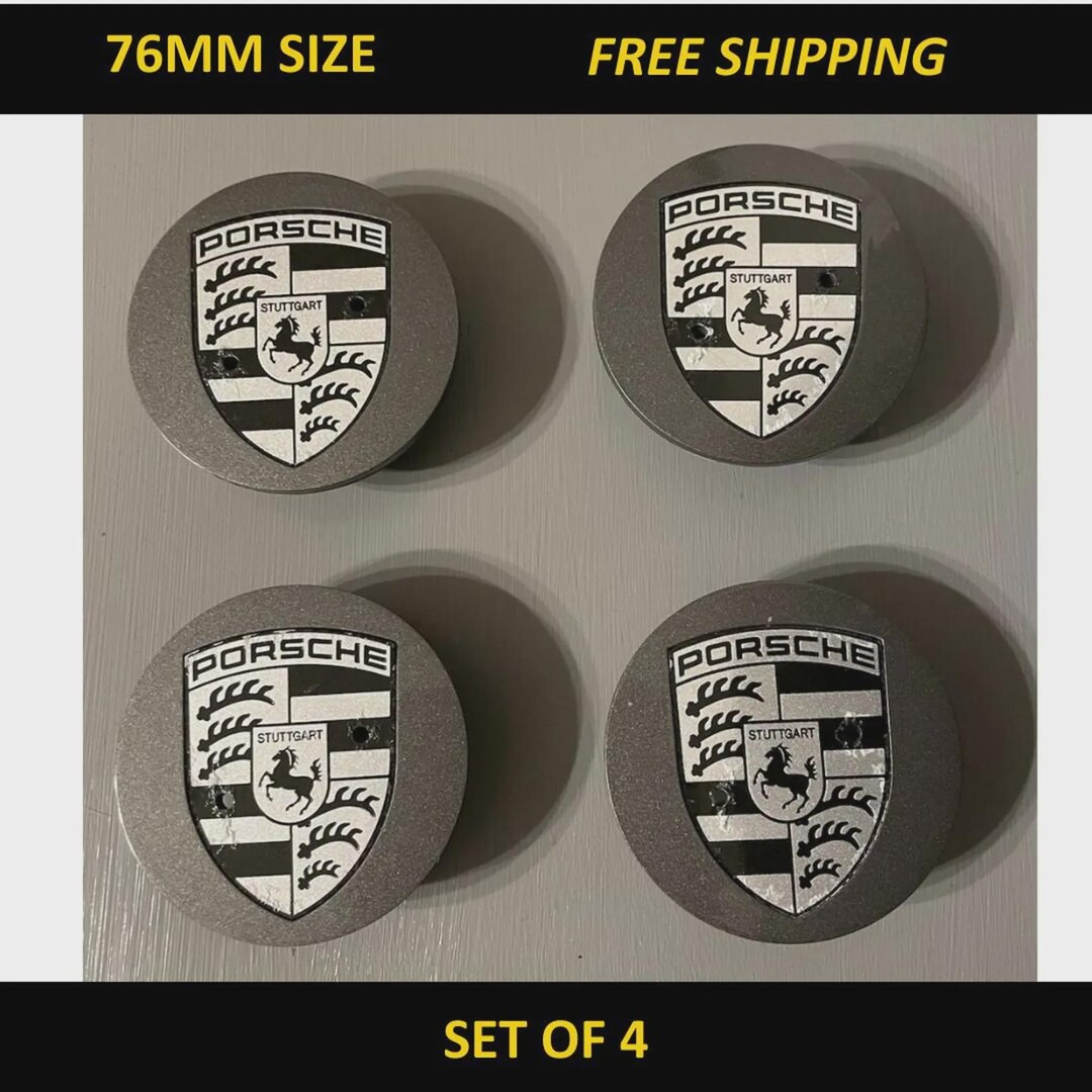 4 Porsche Gray Center Caps Concave 76mm Royal Crest 992 Cayenne ,911 ...