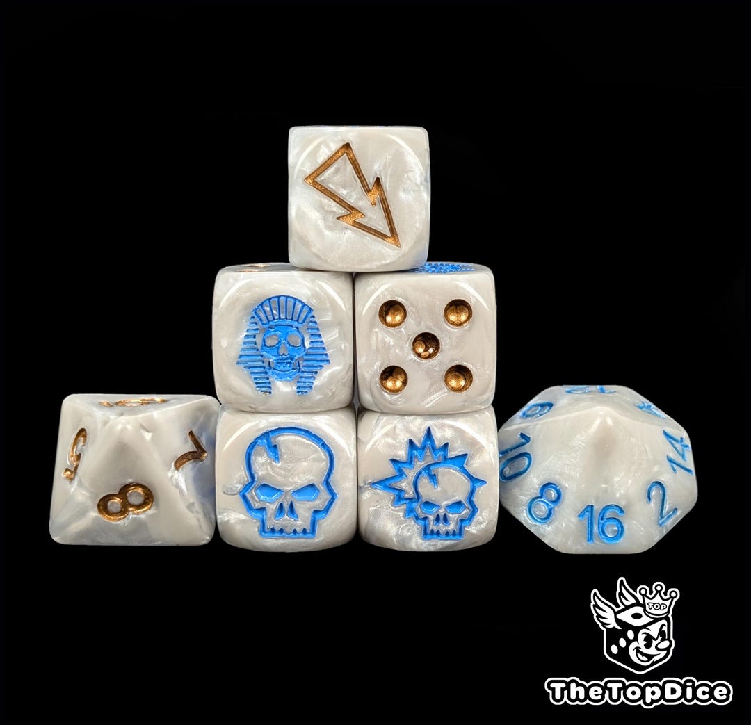 Pearl White Resin 7 Dice Set, Tomb Guardian Sigil, Fantasy Football ...