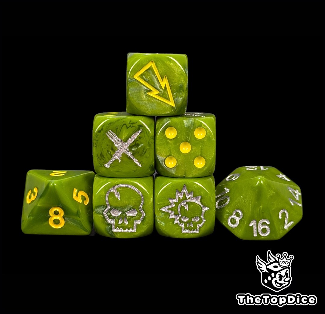 Green Resin 7 Dice Set, Halfling Feast Sigil, Fantasy Football Tabletop ...