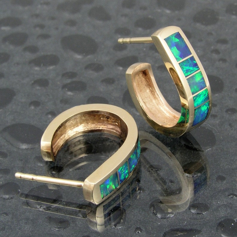 Australian Opal Inlay 14k Gold Hoop Earrings - Etsy