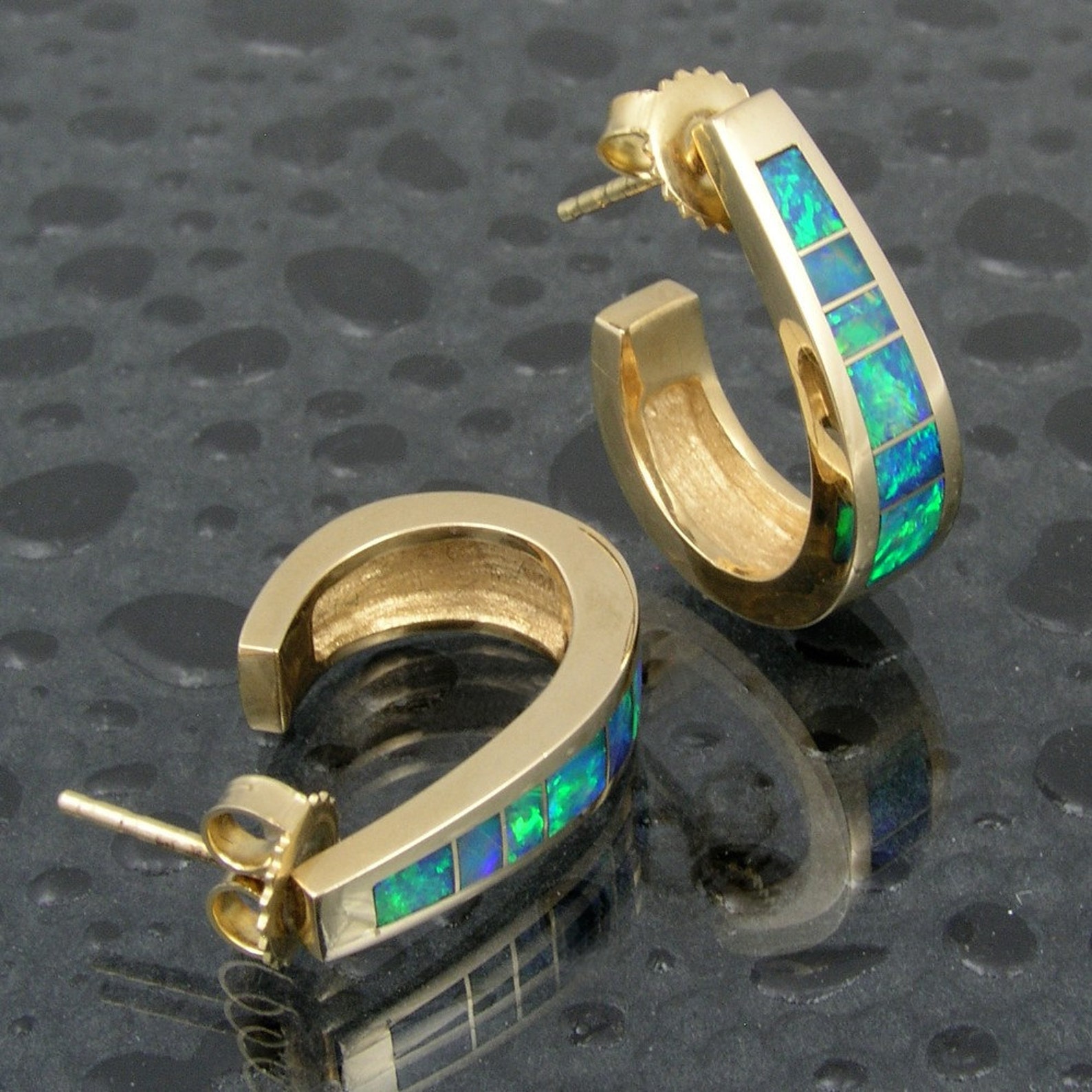 Australian Opal Inlay Earrings in 14k Gold by Mark Hileman - Etsy