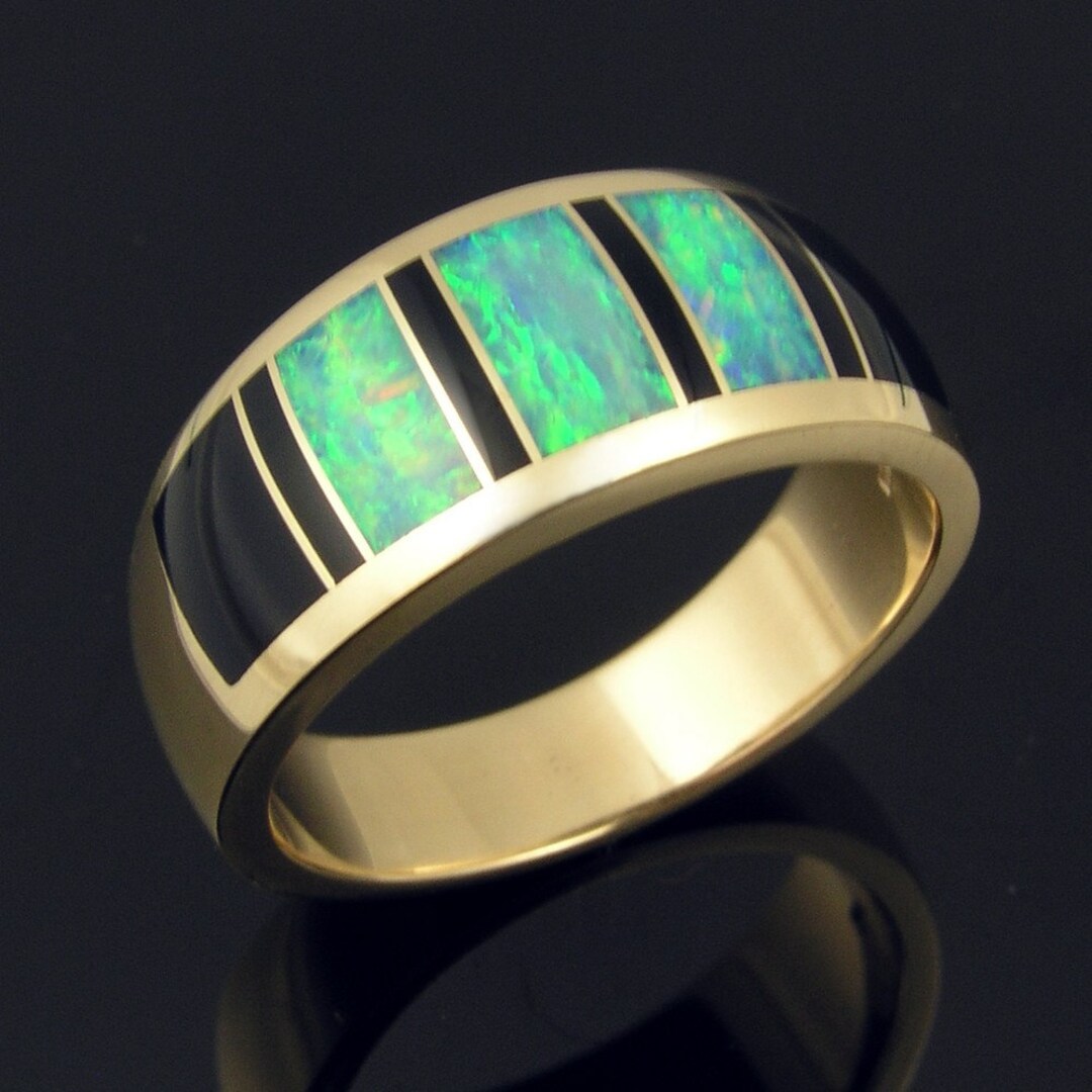 Australian Opal Inlay and Black Onyx Inlay 14k Gold Ring - Etsy