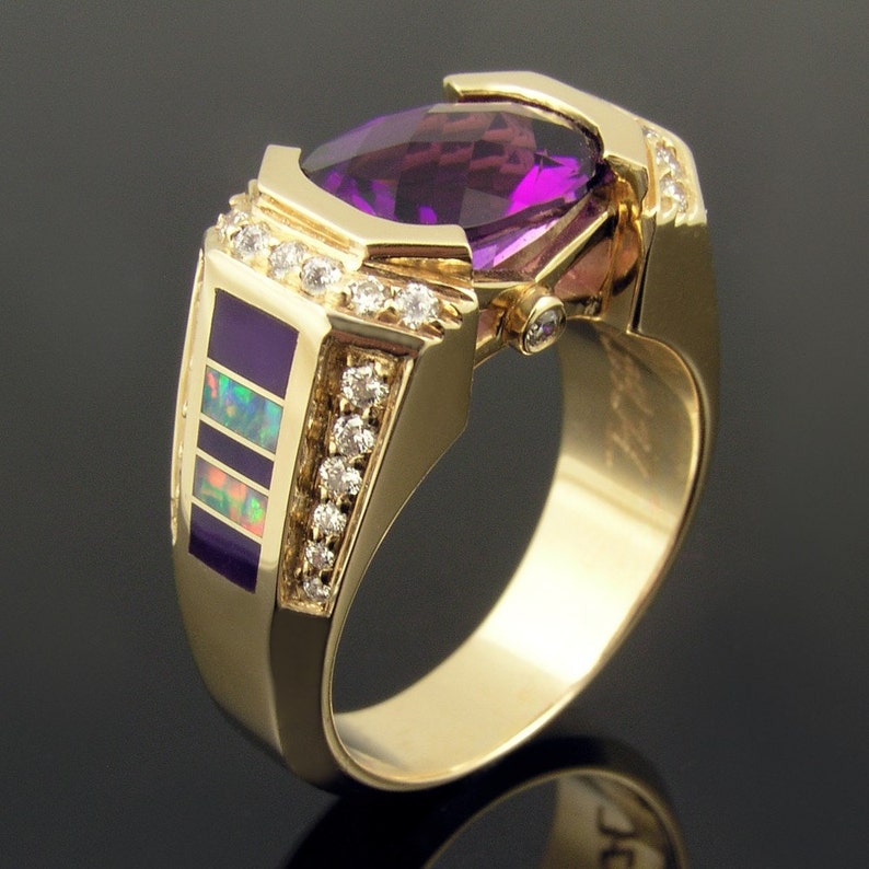 Australian Opal Inlay Ring With Sugilite, Diamonds and Amethyst - Etsy