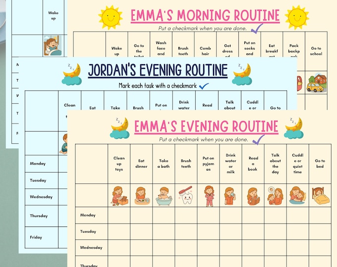 Kids Flip Routine Chart Editable Printable, Morning Evening Bedtime ...