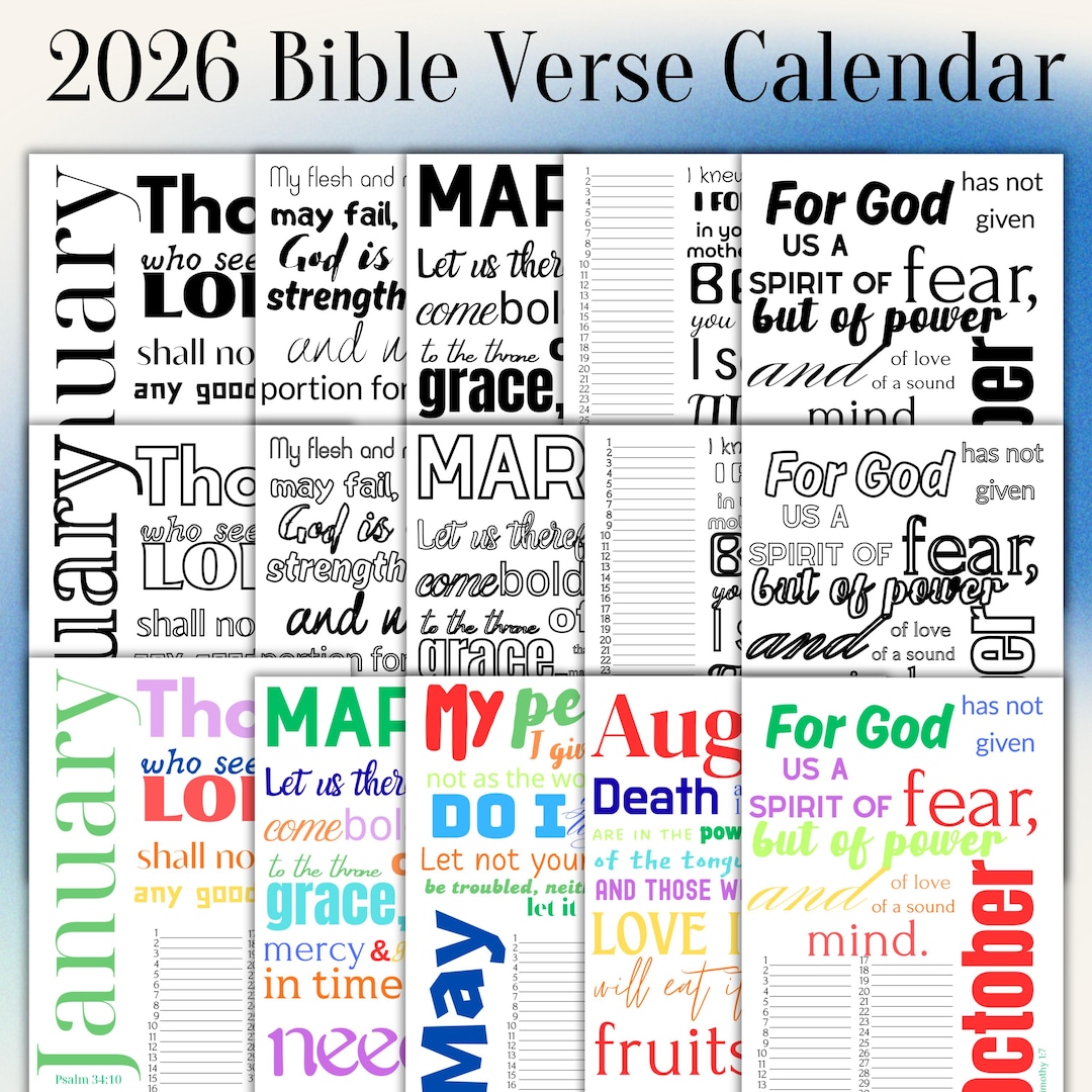 2026 Bible Verse Calendar, Monthly Printable Bible Calendar, Christian ...