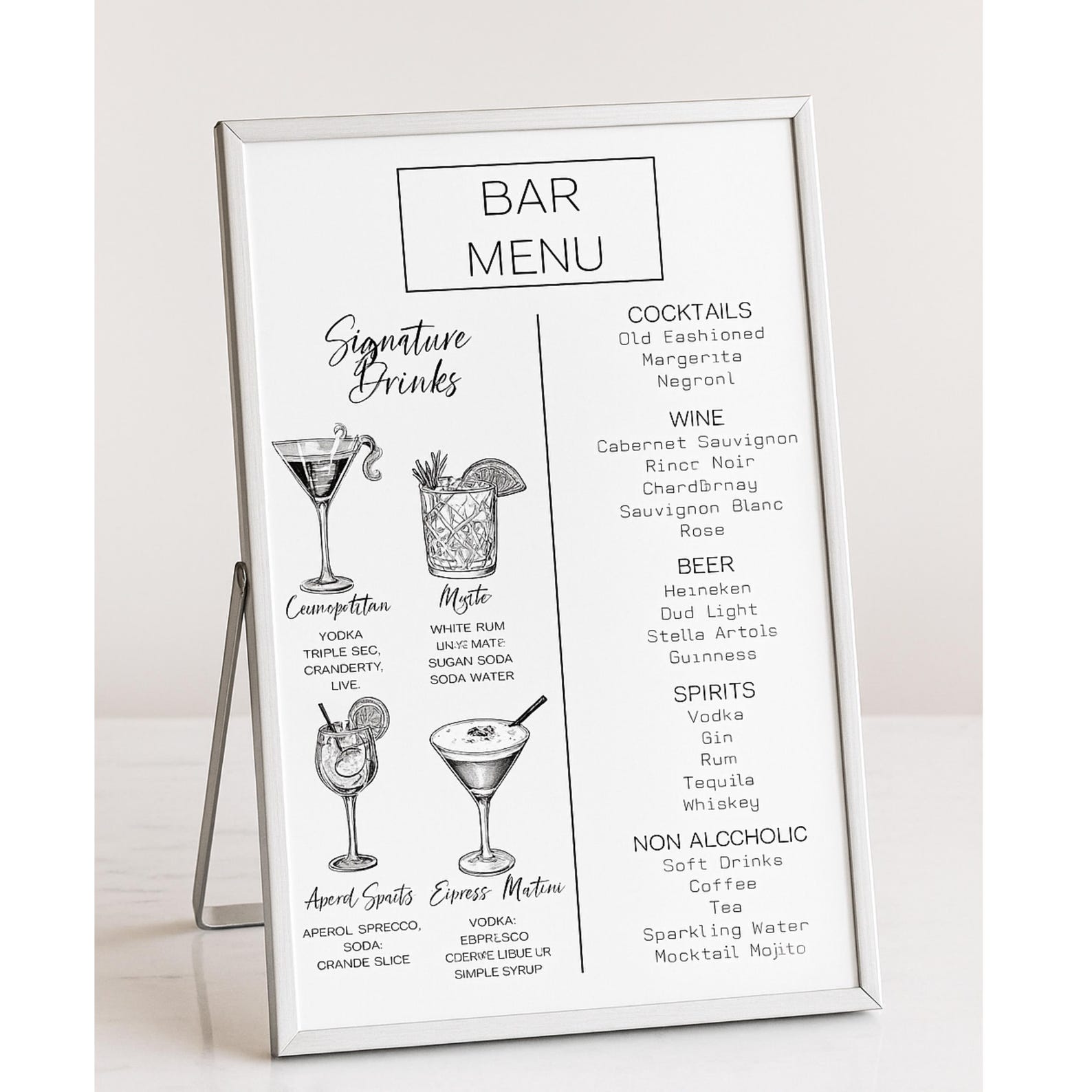 Editable Wedding Drink Menu Template: Black & White Printable Sign ...