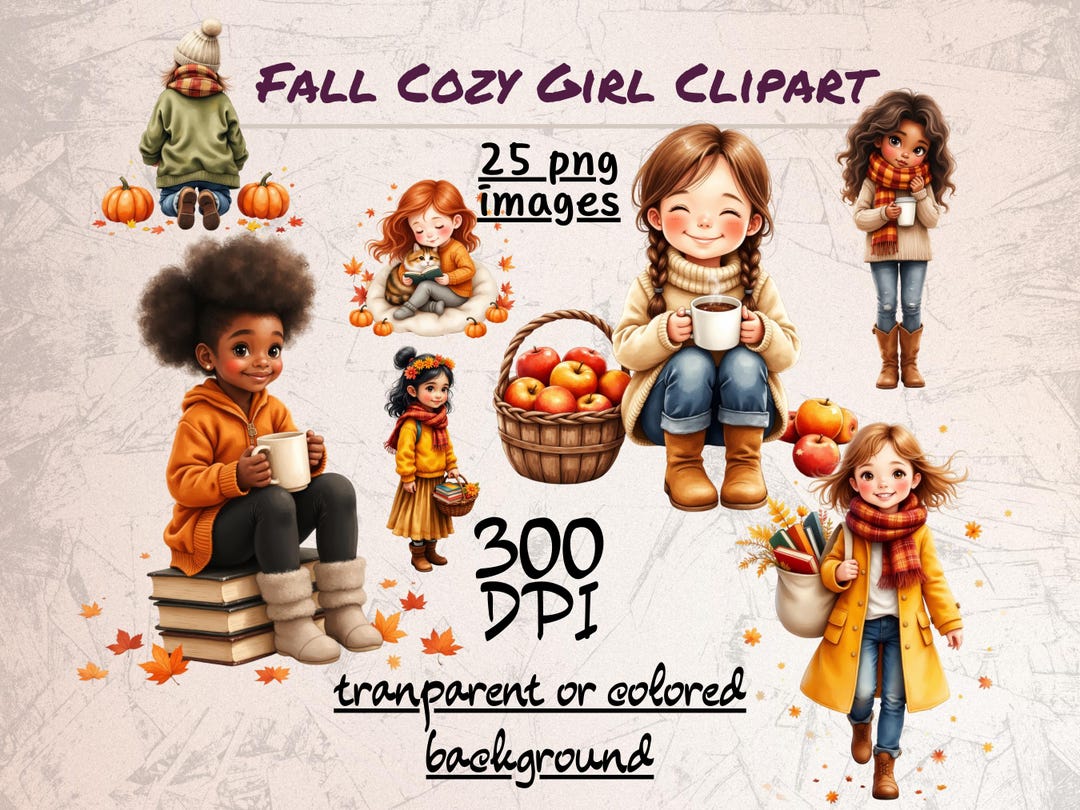Fall Girls Clipart PNG Bundle, Cozy Autumn Women With Books, Coffee ...