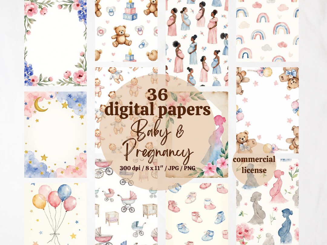 Whimsical Baby & Pregnancy Digital Papers | 20 3:4 Watercolor Neutral ...