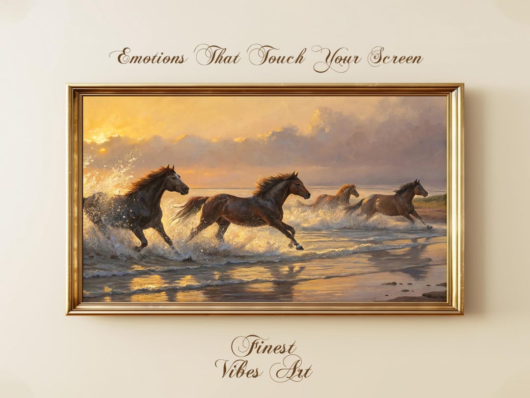 夕焼けの野生馬、フレームテレビのために浜辺を駆ける牡馬、ダイナミックな海岸アート - Etsy 日本