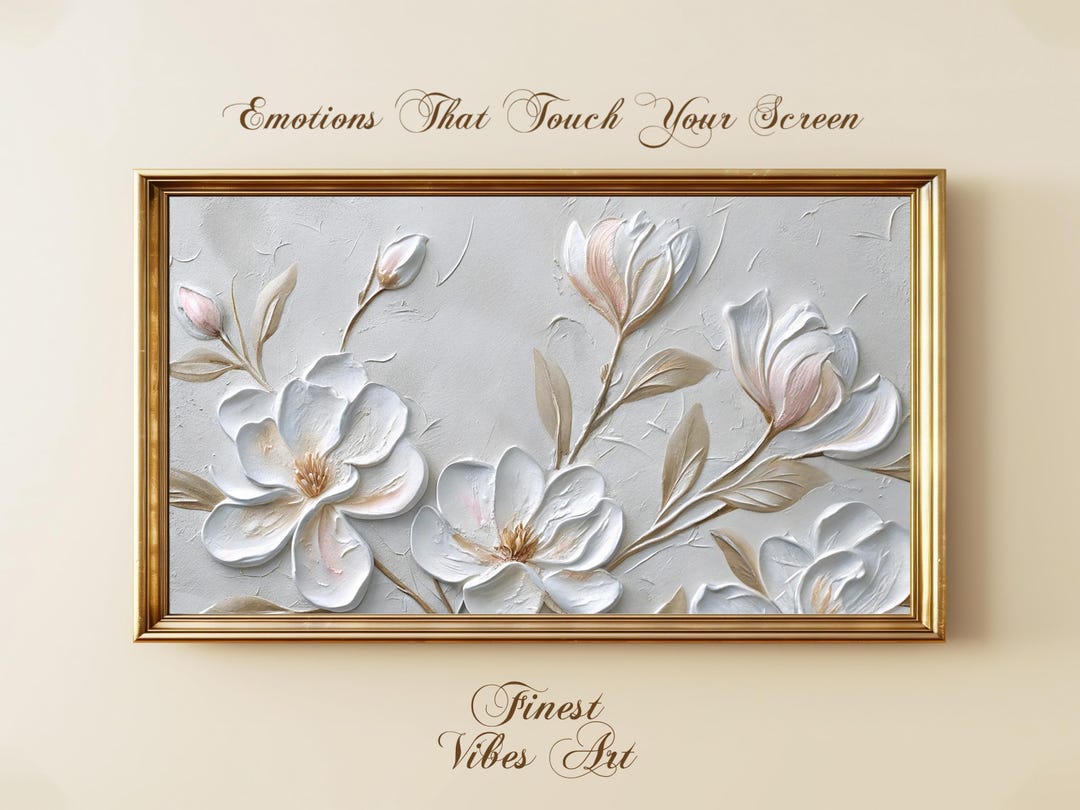 White Magnolia Blossom Frame TV Art, 3D Floral Textured Painting ...