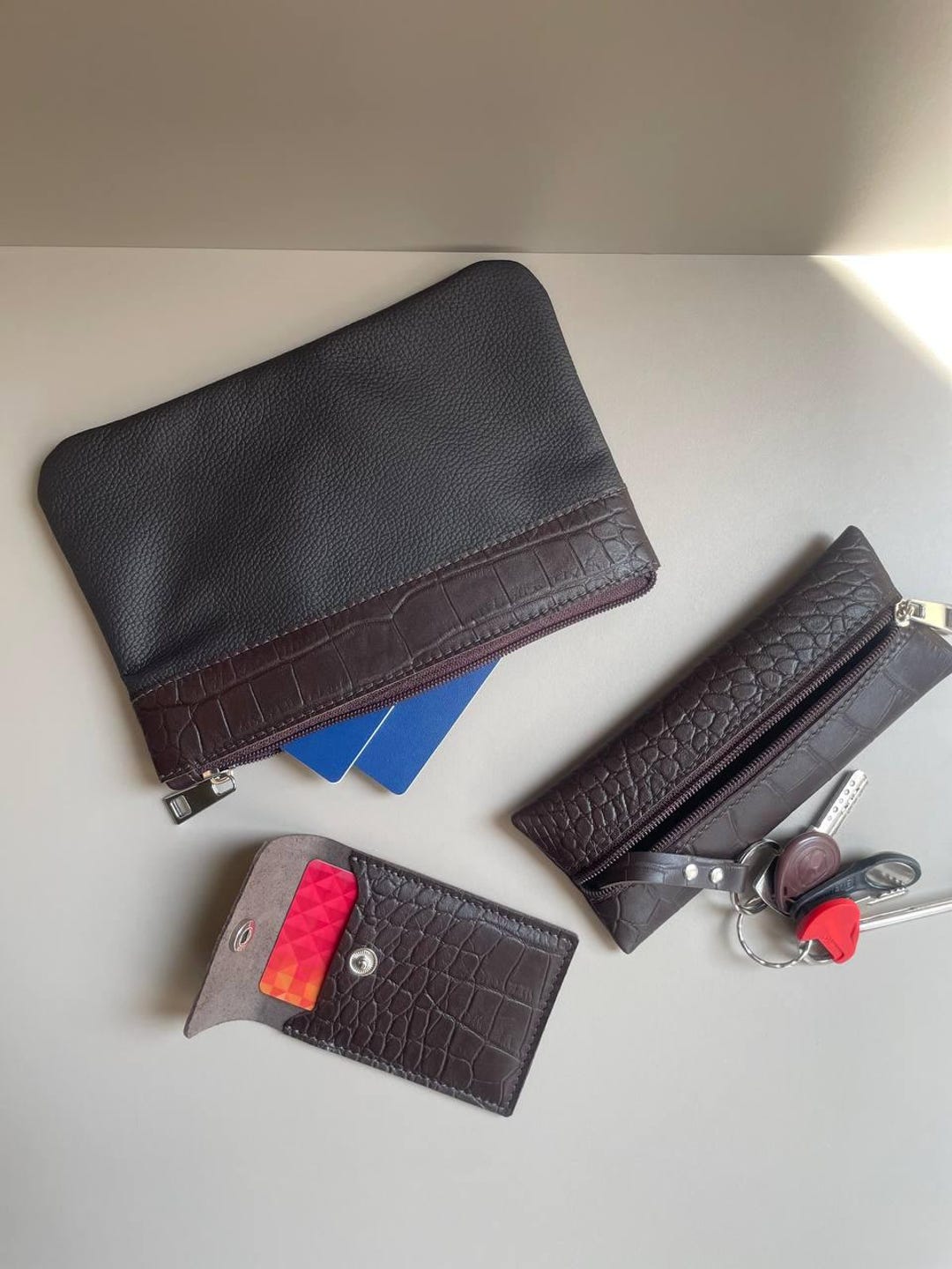 Brown Leather Money Bag, Bank Bag,leather Travel Organizer,zipper ...