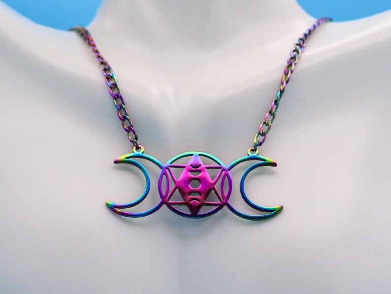 Rainbow Triple Moon Goddess Necklace - Etsy