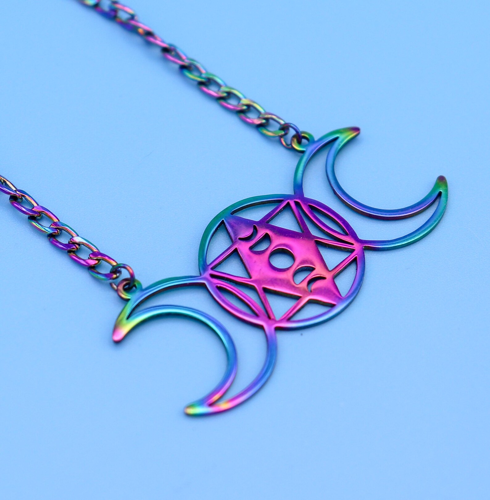Rainbow Triple Moon Goddess Necklace - Etsy