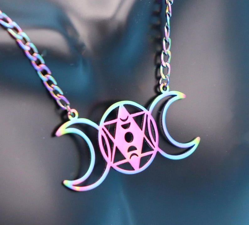 Rainbow Triple Moon Goddess Necklace - Etsy