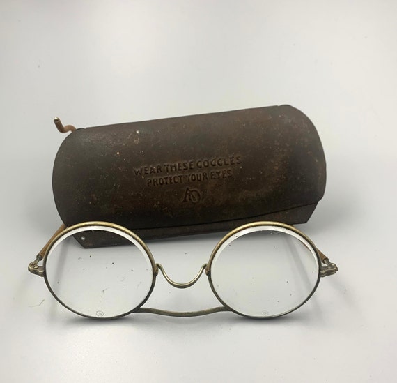 Antique eye glasses goggles with case wire rim brass … - Gem