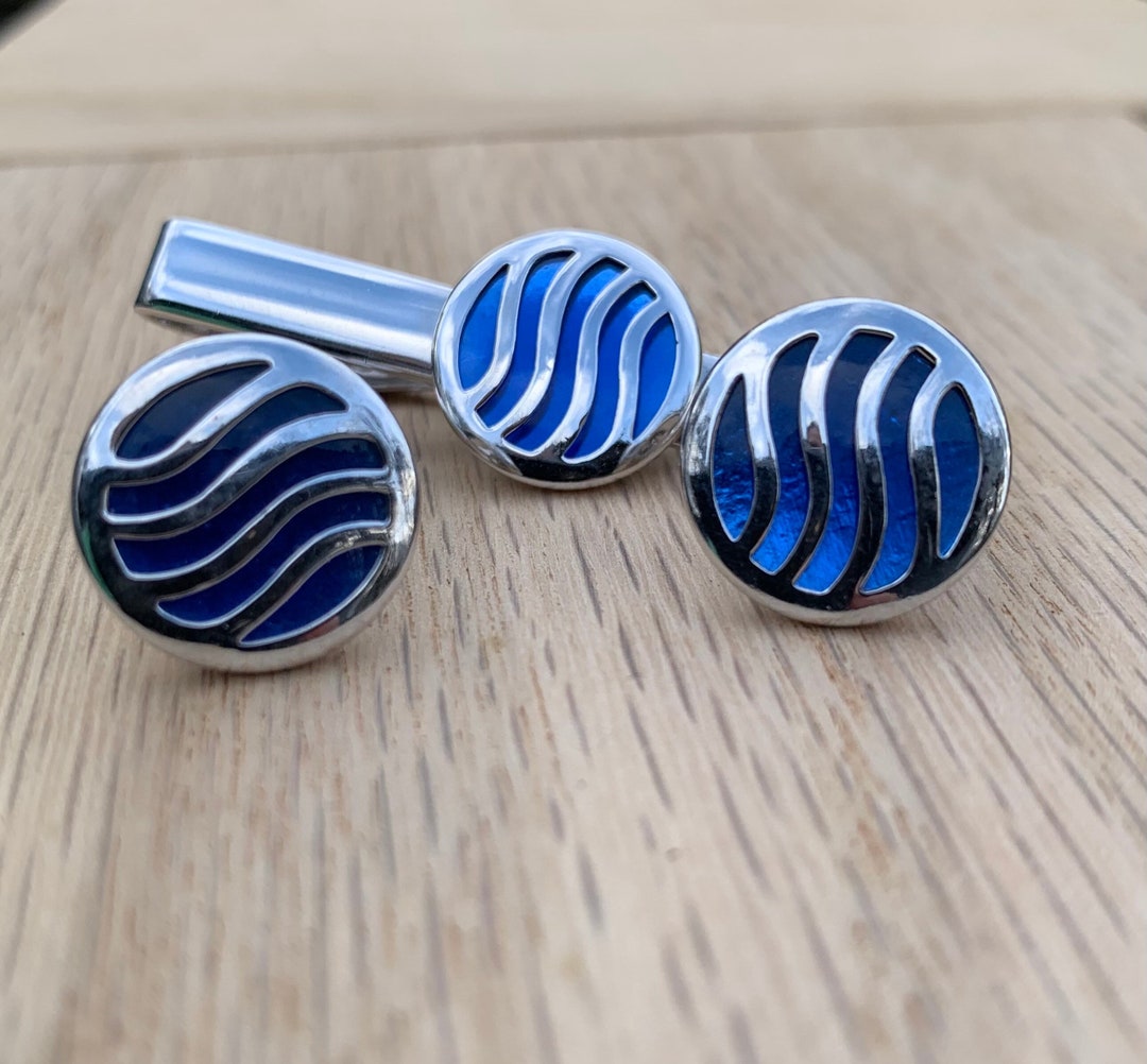 Cufflinks and Tie Clip Set Stainless Steel Blue Stone Foster Made in ...