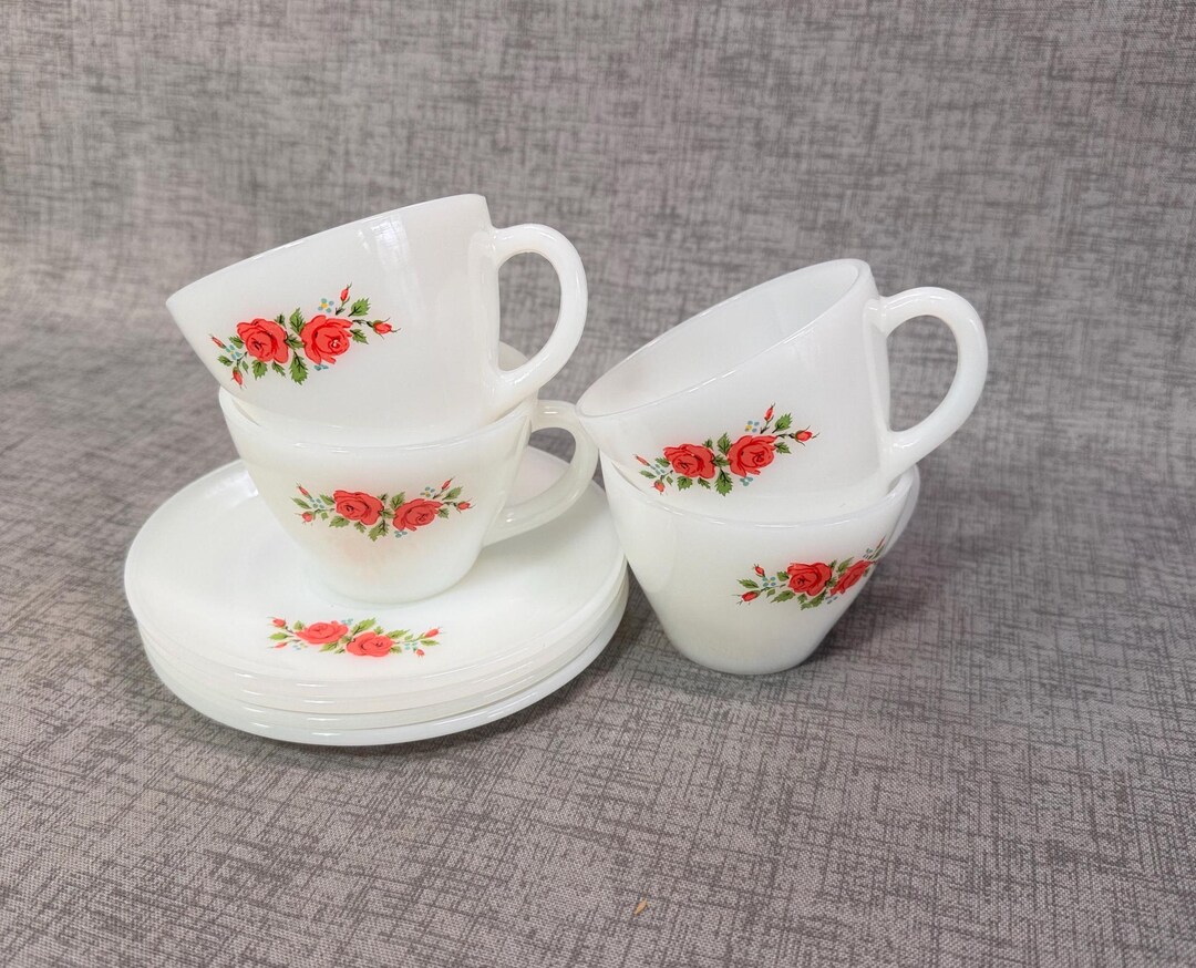 Fire King Red Rose Cups With Saucers Milk Glass / Four Cups, Four ...